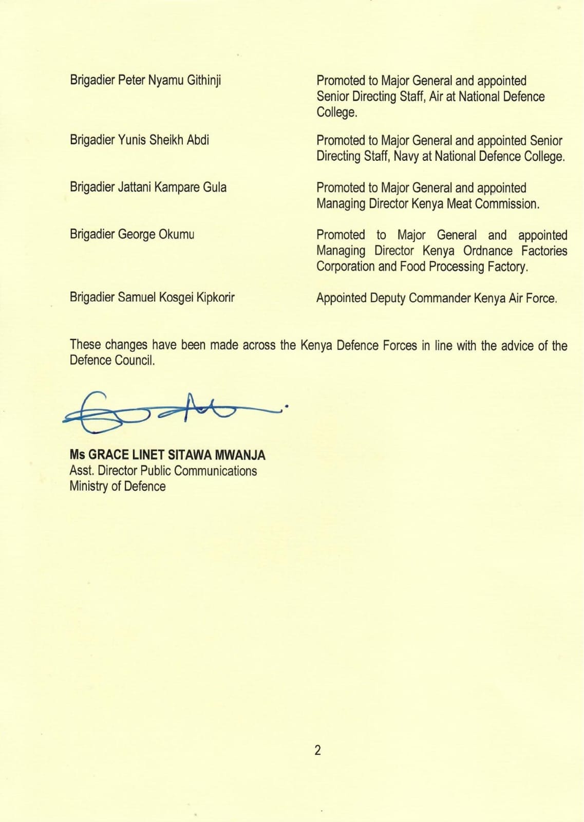 KDF PROMOTIONS , POSTINGS AND APPOINTMENTS – Ministry of Defence – Kenya